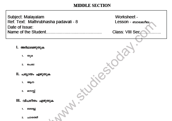 CBSE Class 8 Malayalam Practice Worksheet Set R